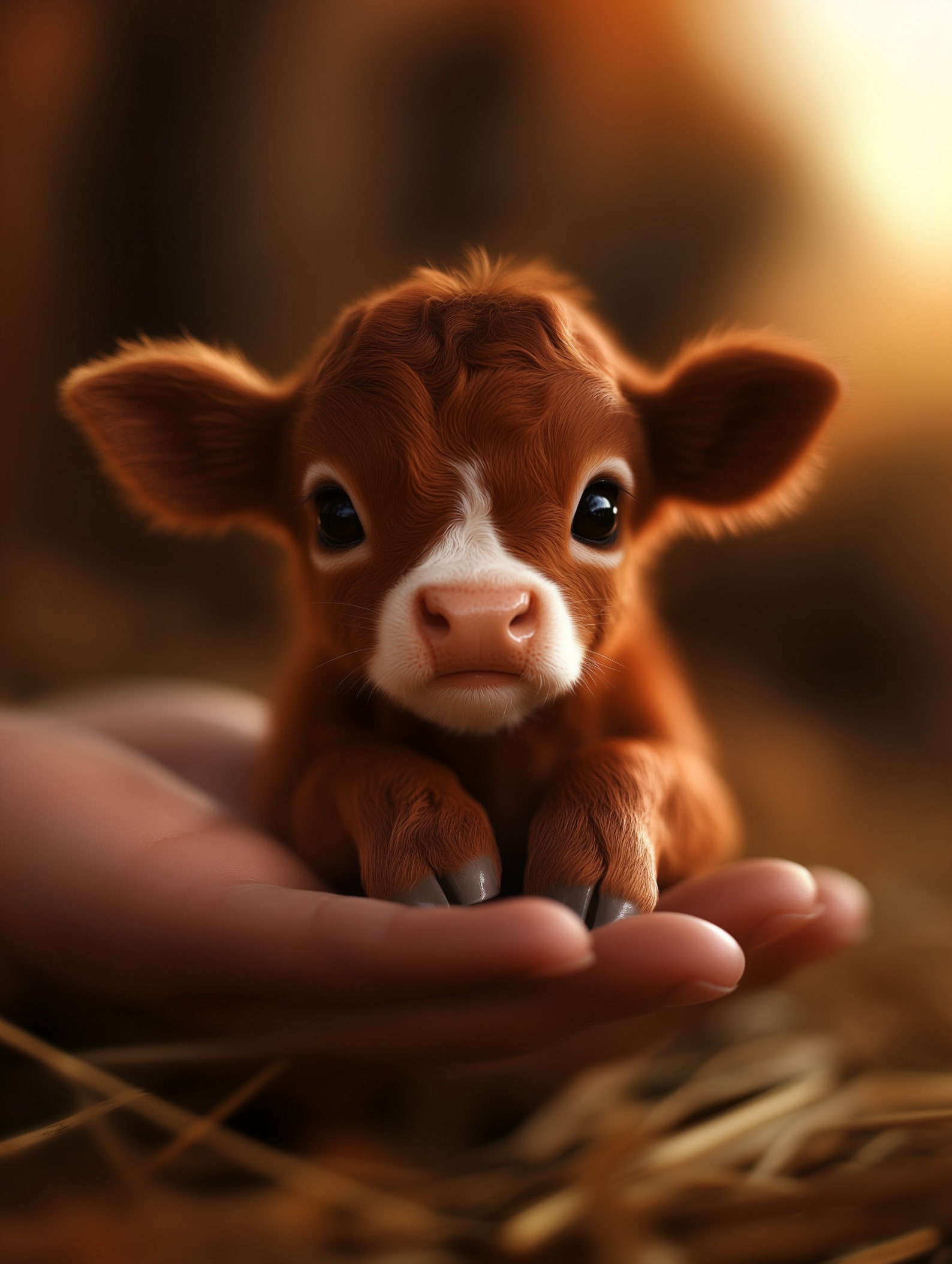 Brown Baby Cow in Palm of Hand Digital Print, Fluffy Tiny Calf Nursery ...