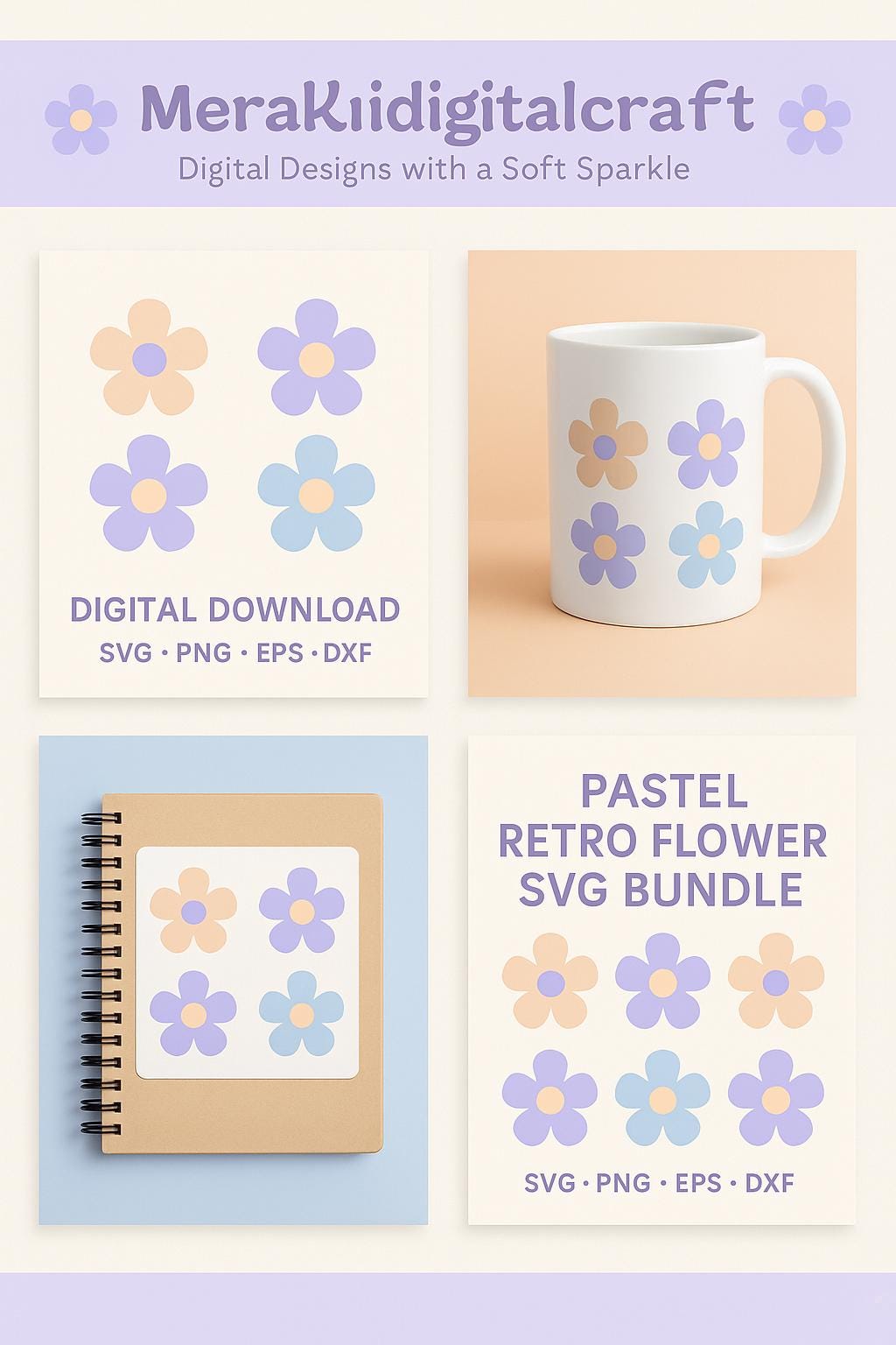 Pastel Retro Flower SVG Bundle | Cute 60s Floral Clipart | Png Svg Eps ...