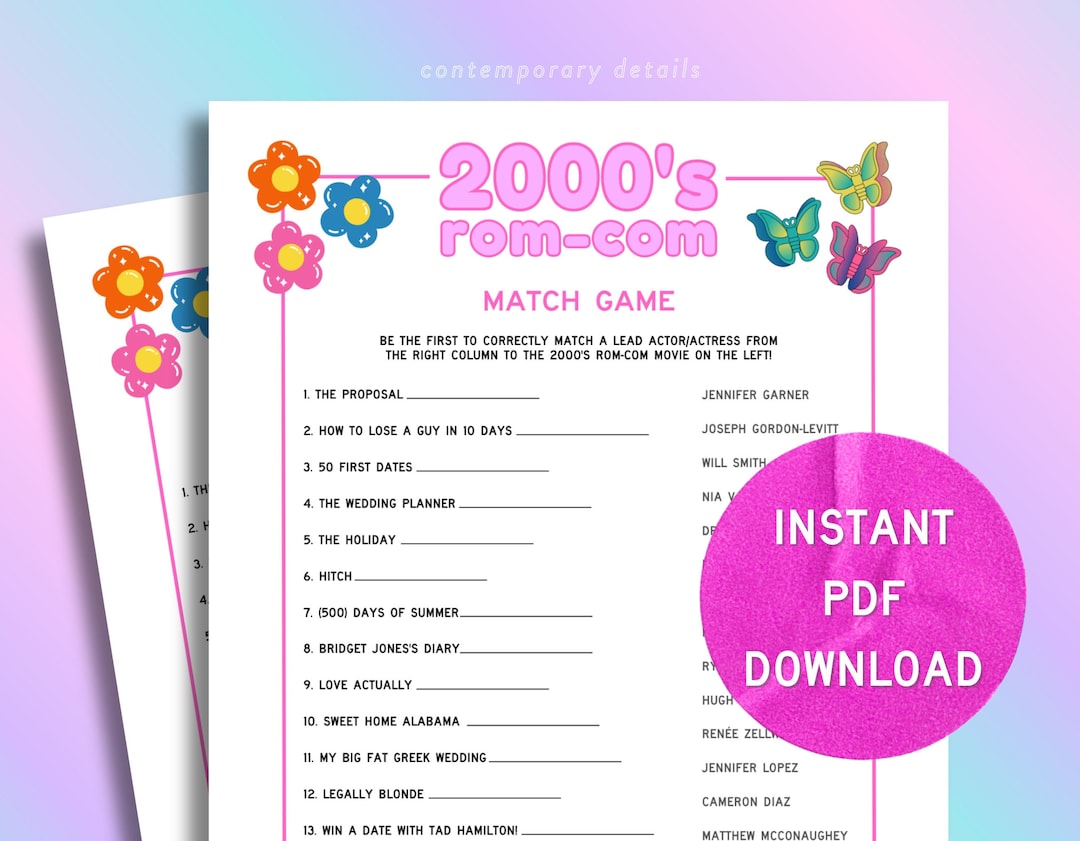 2000s Rom-com Movie Match Game - Fun Trivia - Printable Party Game ...