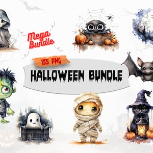 155 PNG Halloween Mega Bundle Clipart, Halloween Watercolor, Cute ...