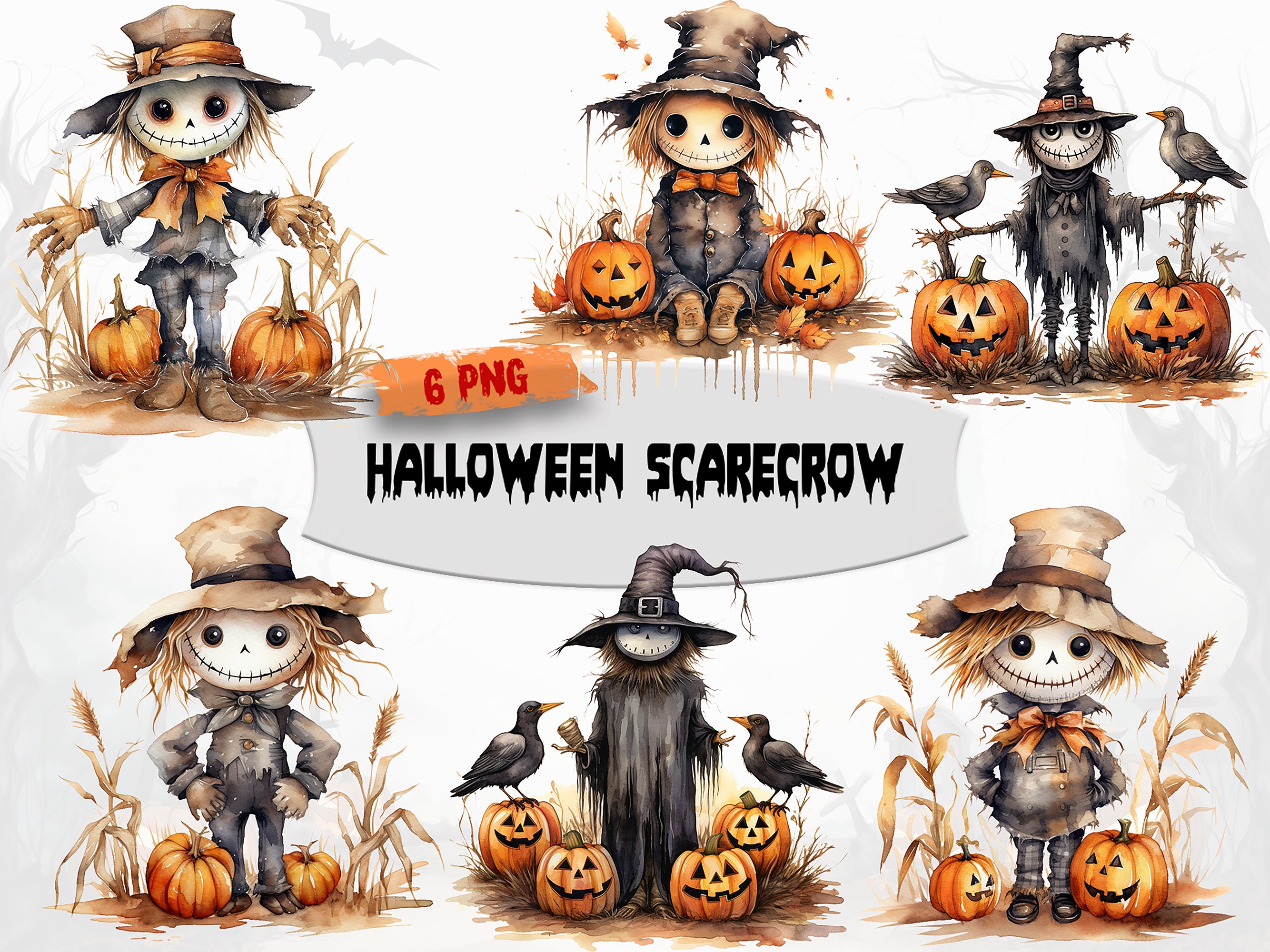 Watercolor Halloween Scarecrow Clipart Halloween PNG Cute - Etsy