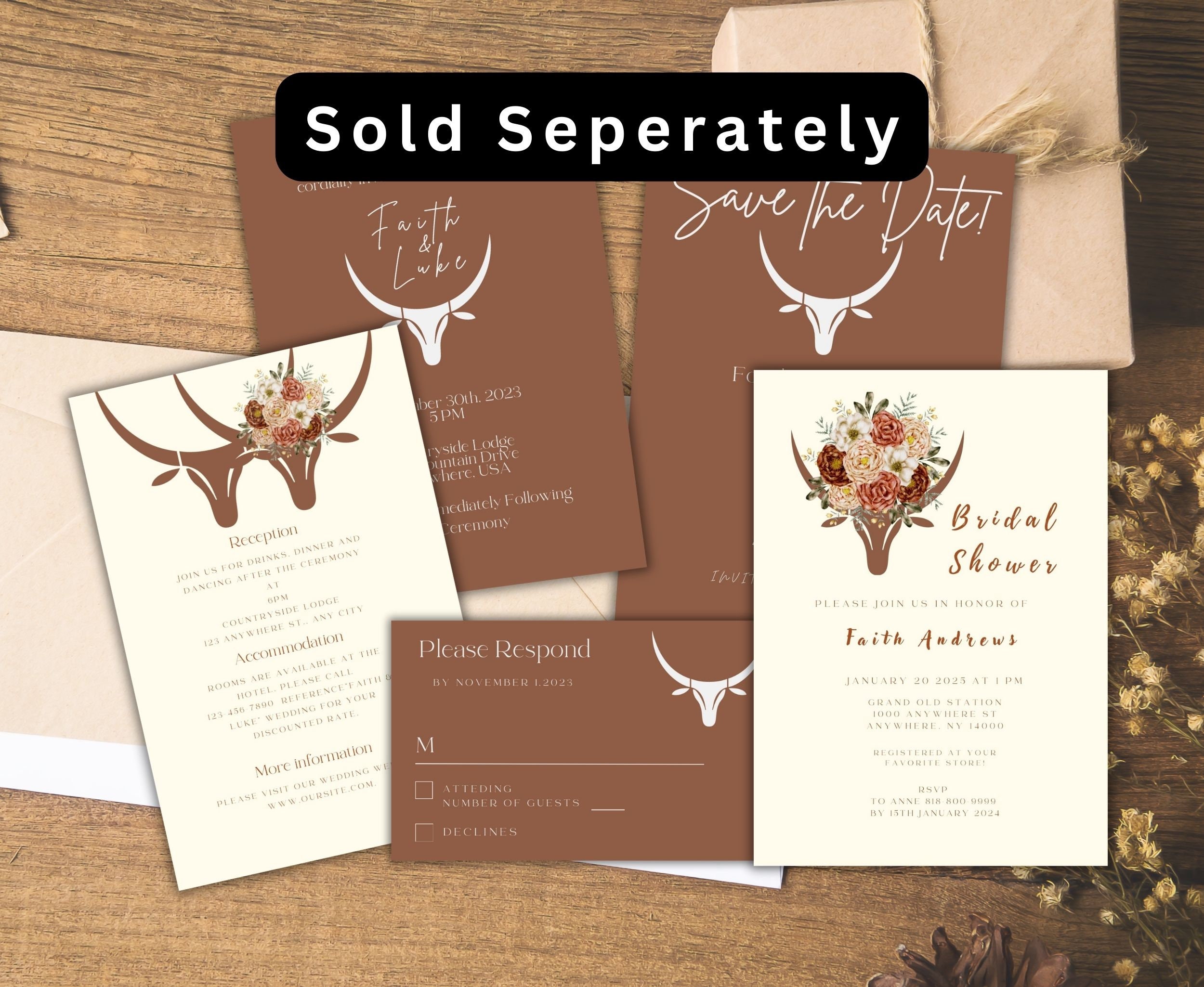 Western Wedding Invitation Template Set Printable Editable Cow Skull ...