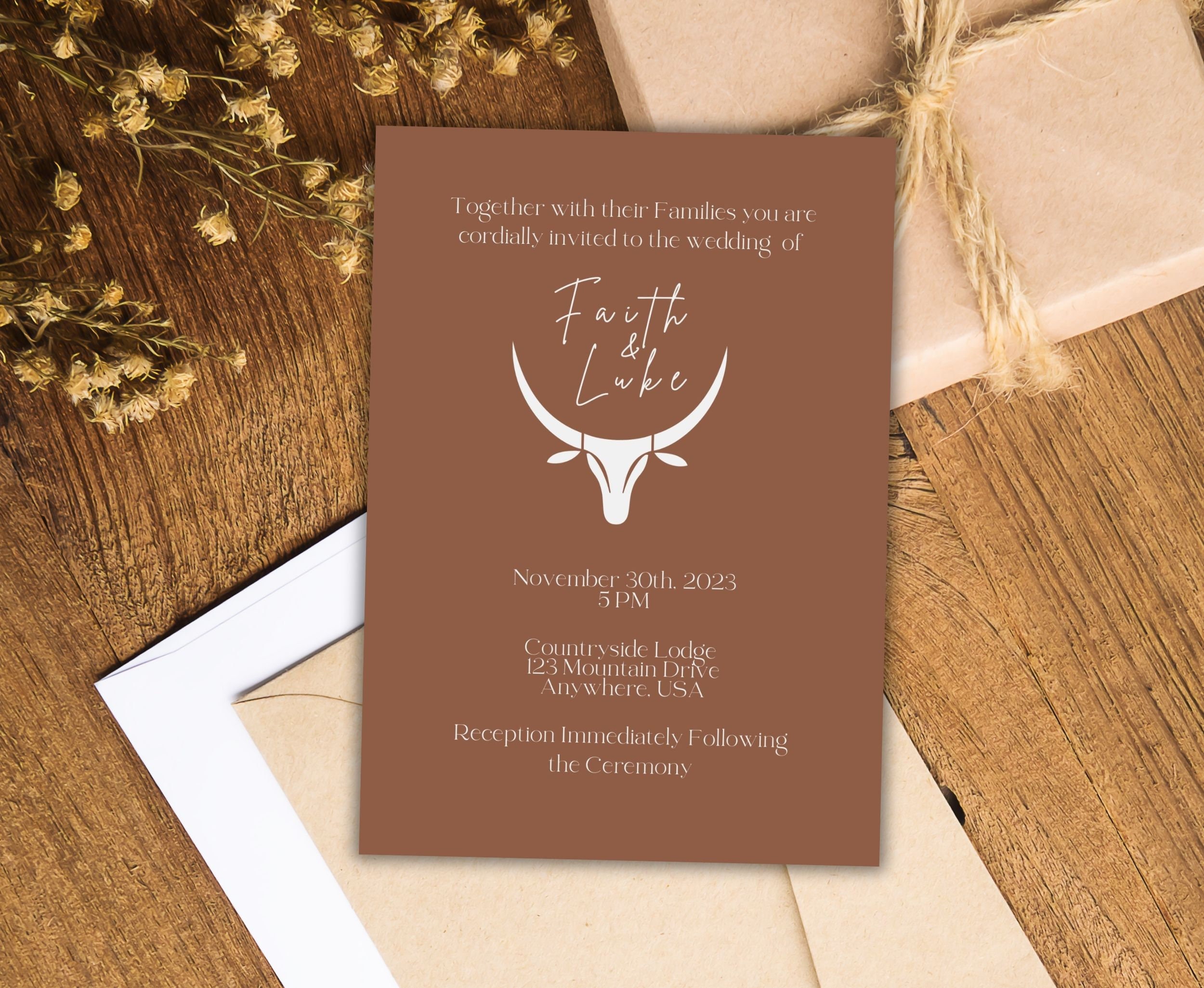 Western Wedding Invitation Template Set Printable Editable Cow Skull ...