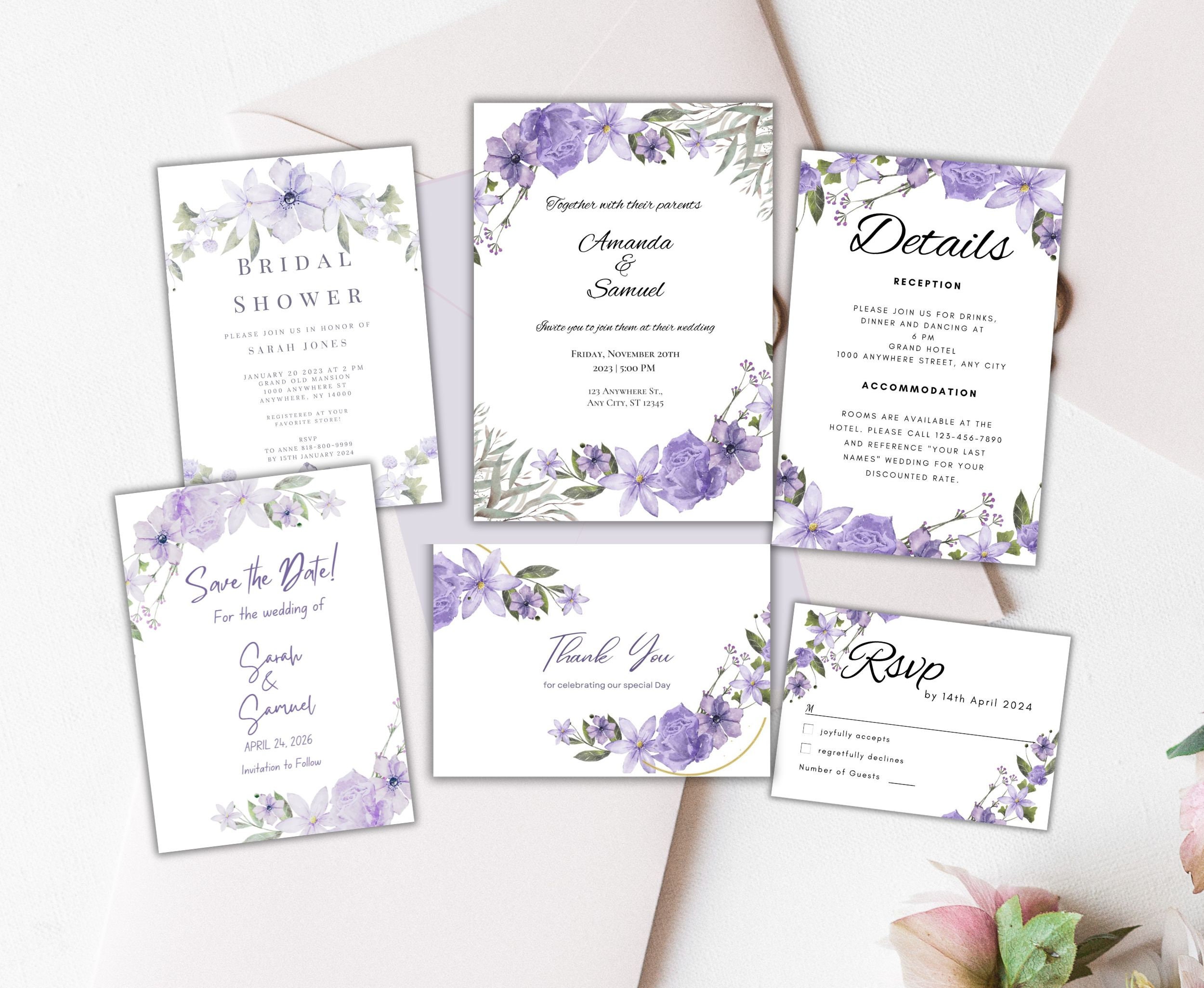 Lavender Wedding Invitation Template Bundle Save the Date, Bridal ...