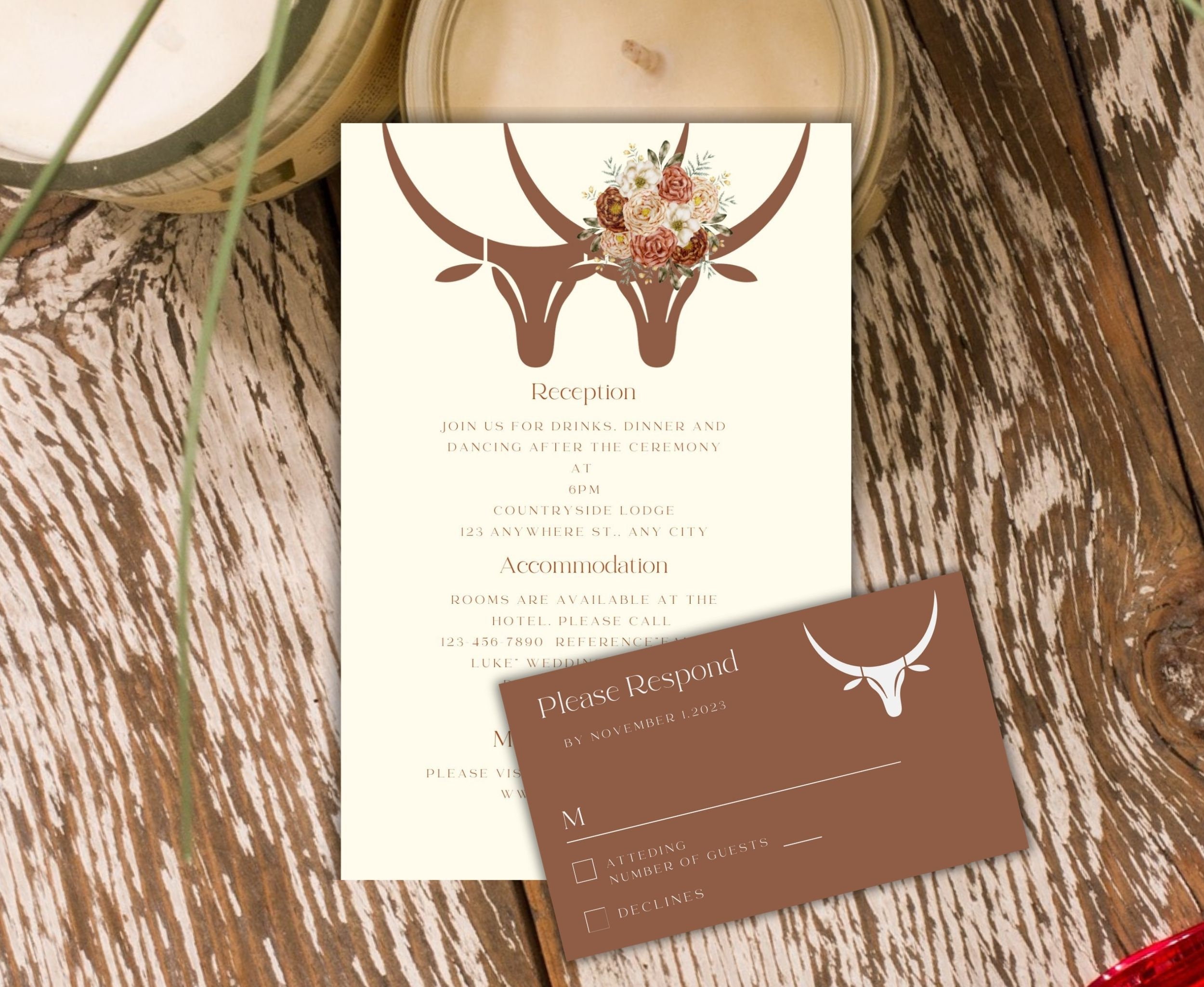 Western Wedding Invitation Template Set Printable Editable Cow Skull ...