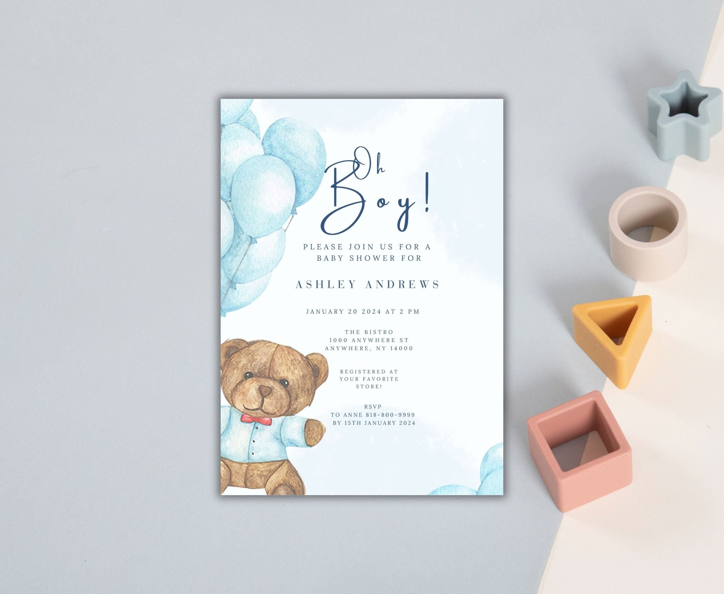 Adorable Teddy Bear Baby Shower Invitation - Blue Balloons, Perfect for ...