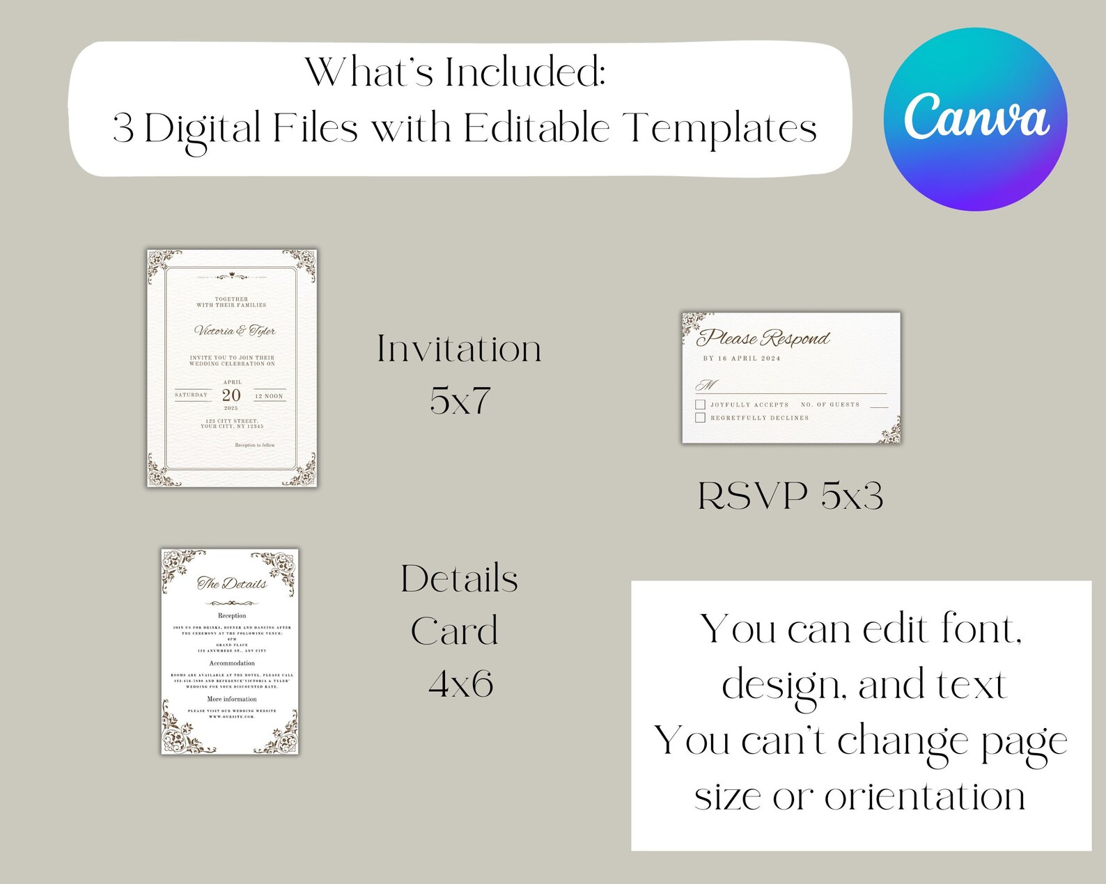 Vintage Wedding Invitation Template Set, Canva Printable, Editable ...