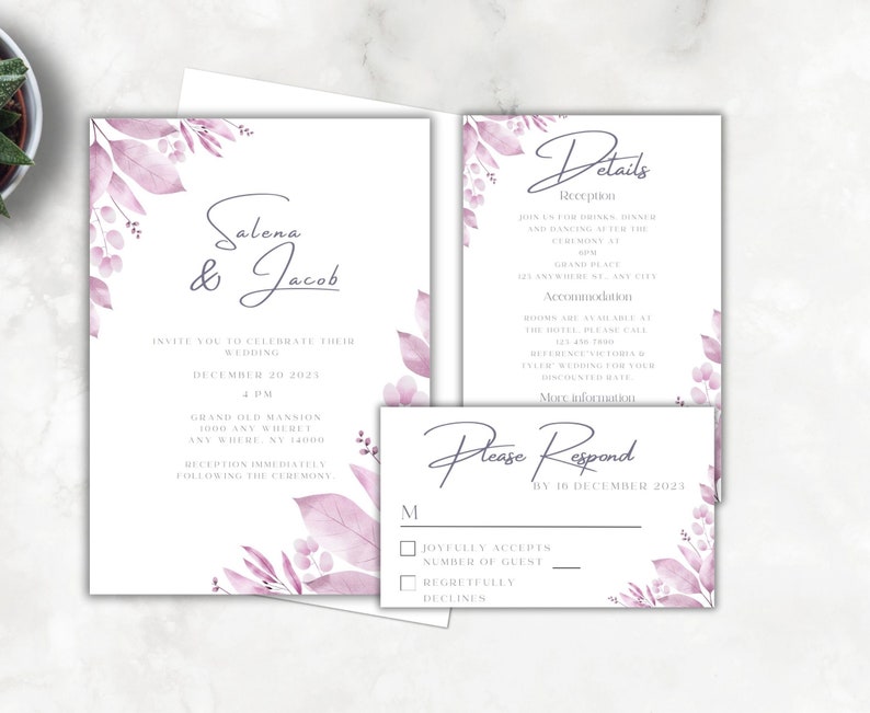Modern Mauve Wedding Invitation Template Suite, Wedding Invite Template ...