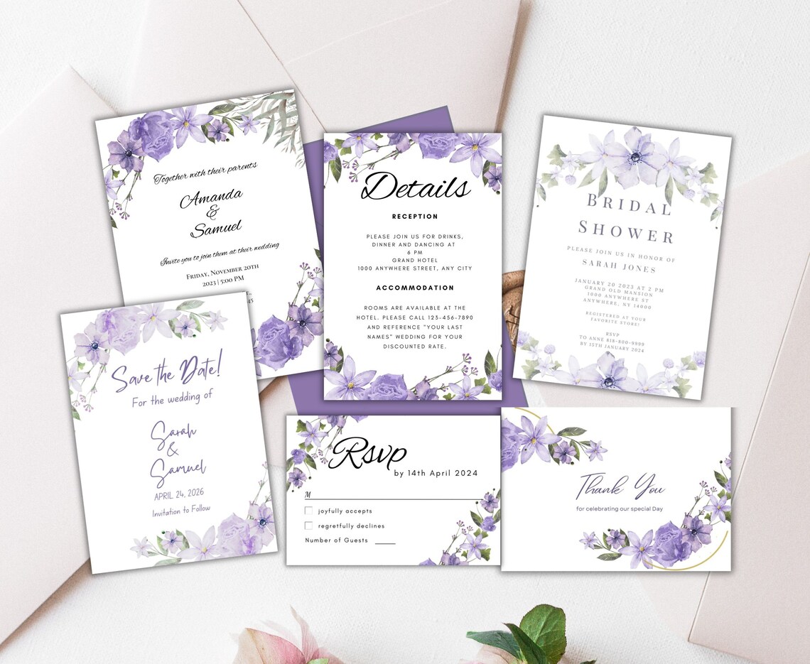 Lavender Wedding Invitation Template Bundle Save the Date, Bridal ...