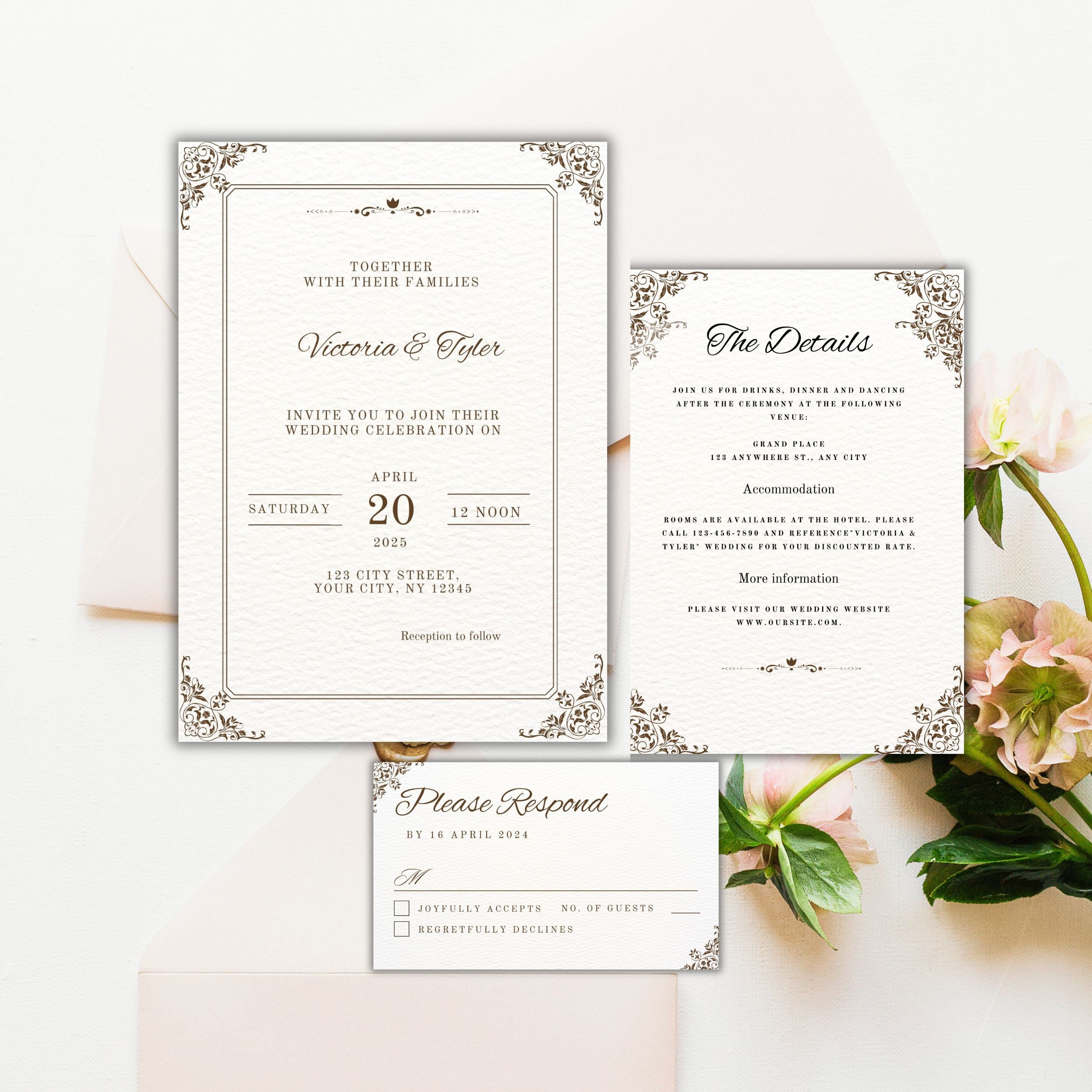 Vintage Wedding Invitation Template Set, Canva Printable, Editable ...