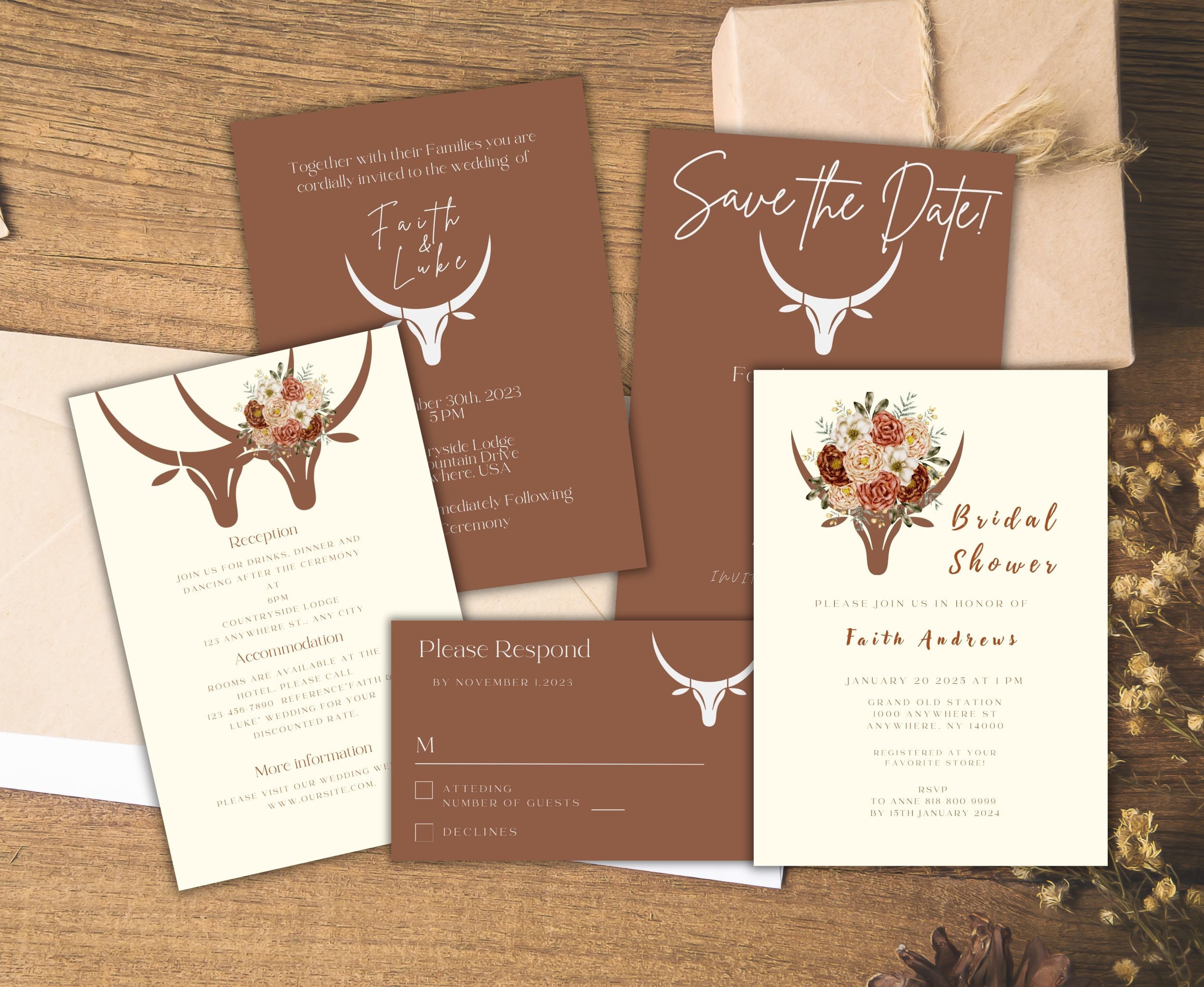 Western Wedding Invitation Template Set Bundle Printable Editable Cow ...