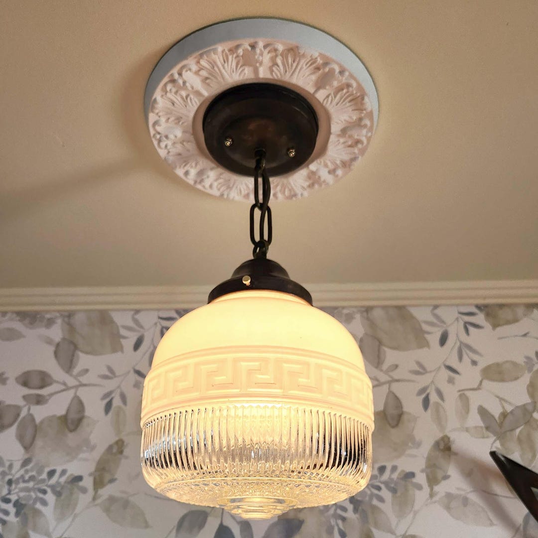 Antique Vintage Greek Art Deco Milk Glass Pendant Ceiling Light Fixture ...
