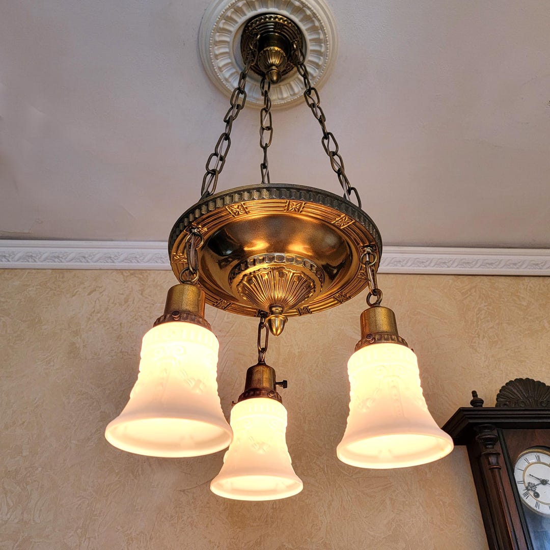 001 Restored Antique 1910's - 20's Brass Ceiling Light Fixture ...