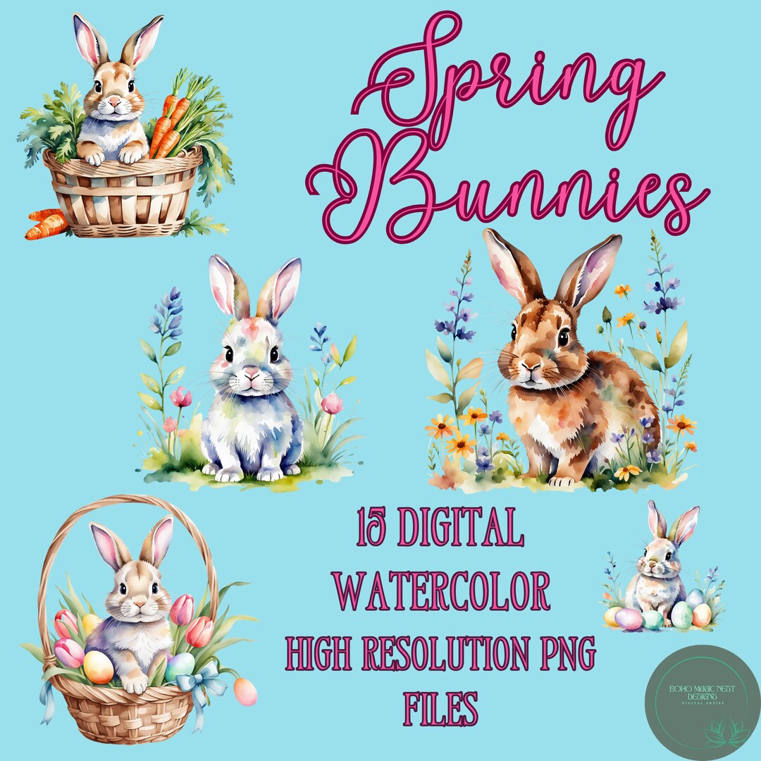 Watercolor Clipart: Spring Bunny Art 15 Springtime Rabbit PNG Files for ...