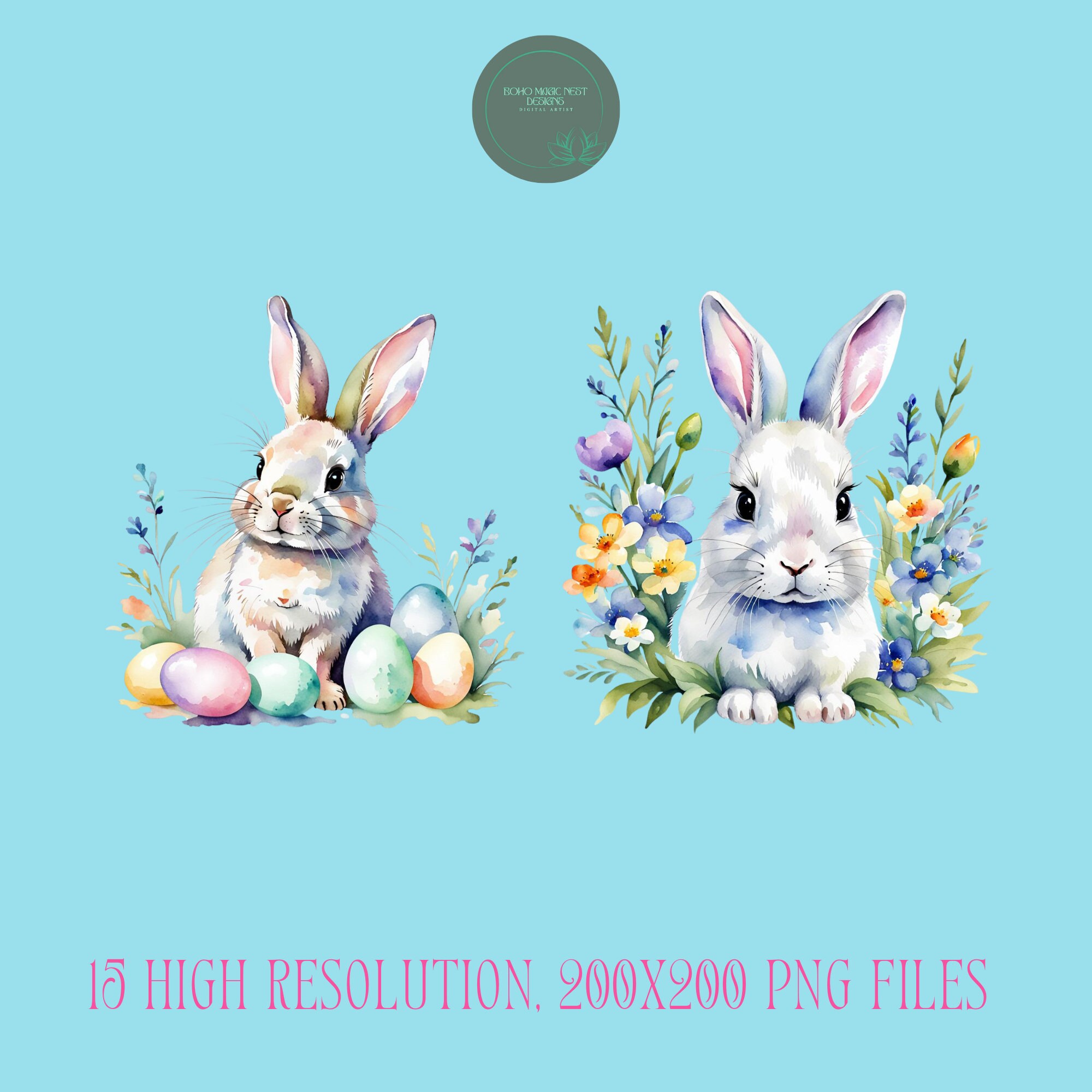 Watercolor Clipart: Spring Bunny Art 15 Springtime Rabbit PNG Files for ...