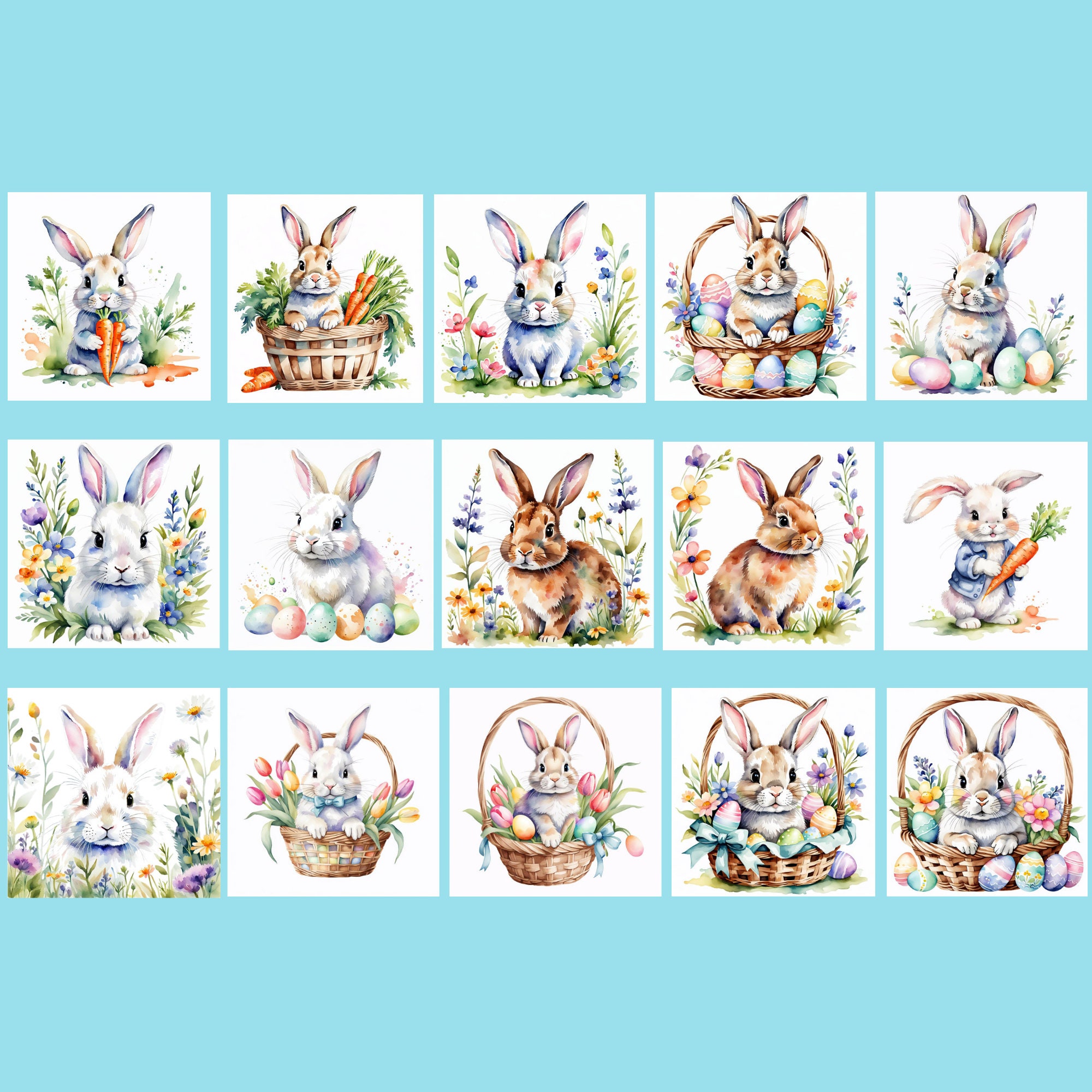 Watercolor Clipart: Spring Bunny Art 15 Springtime Rabbit PNG Files for ...