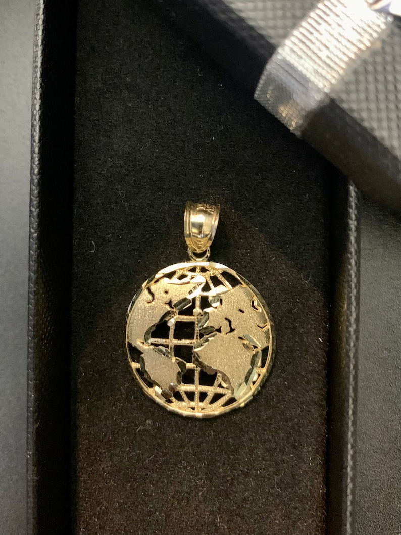 10K Gold Round World Map Pendant, Solid Gold Earth Globe Charm, Real ...