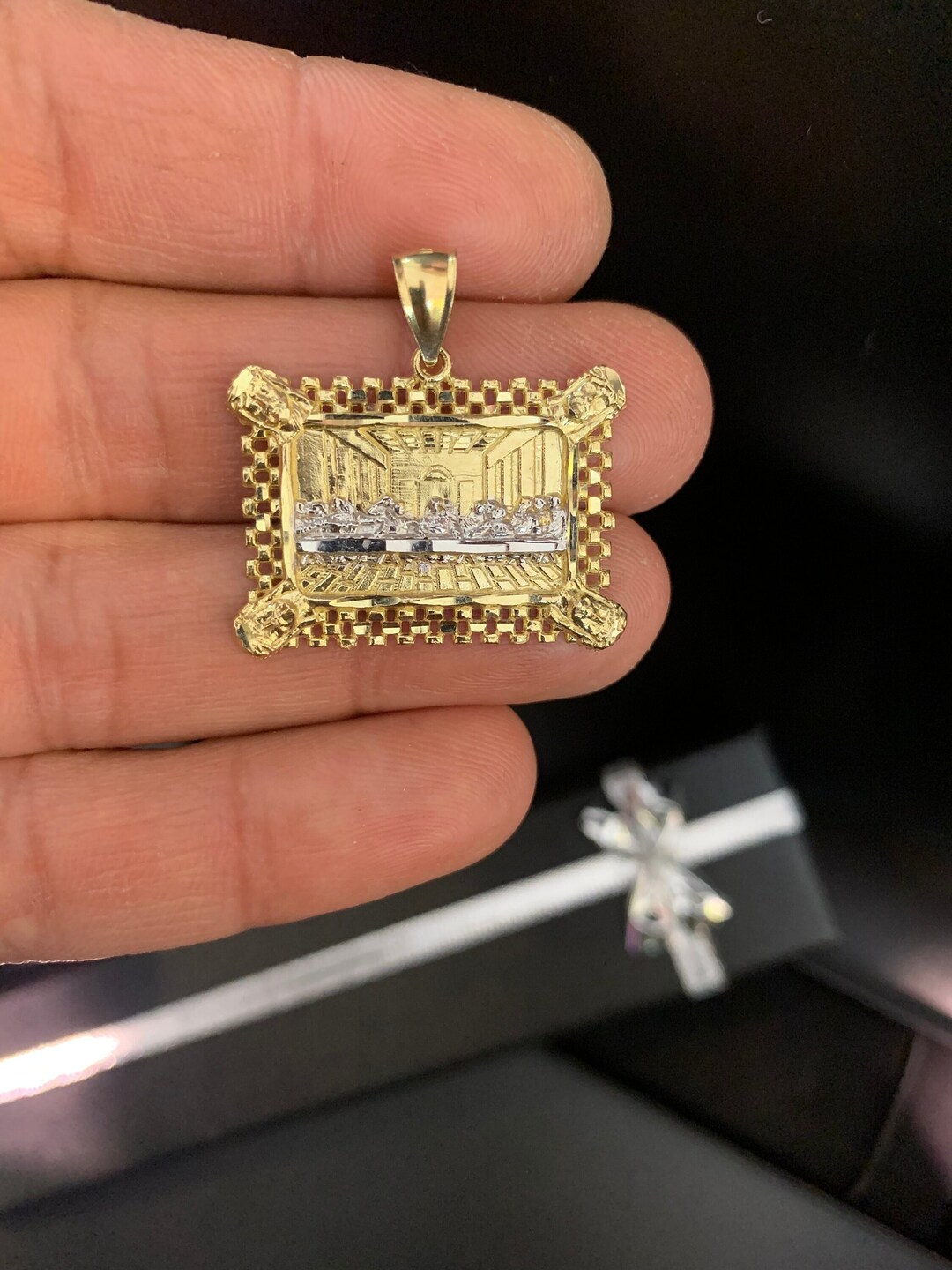 10k Gold Last Supper Pendant Solid Diamond Cut Square Charm - Etsy