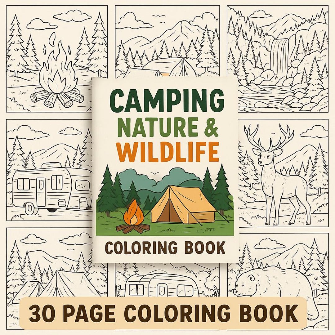 Camping Nature & Wildlife Coloring Book – 30 Pages | RV Camping, Forest ...