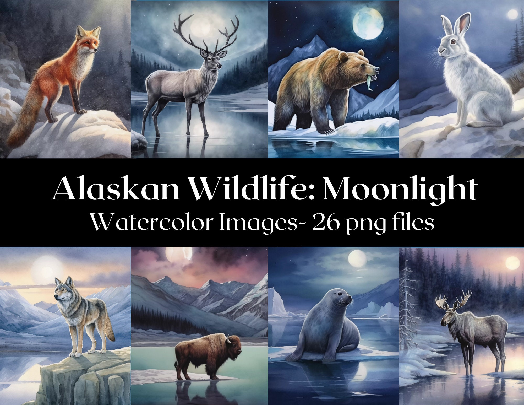 Alaskan Wilderness: Moonlight Watercolor Digital Art, Alaska Clipart ...