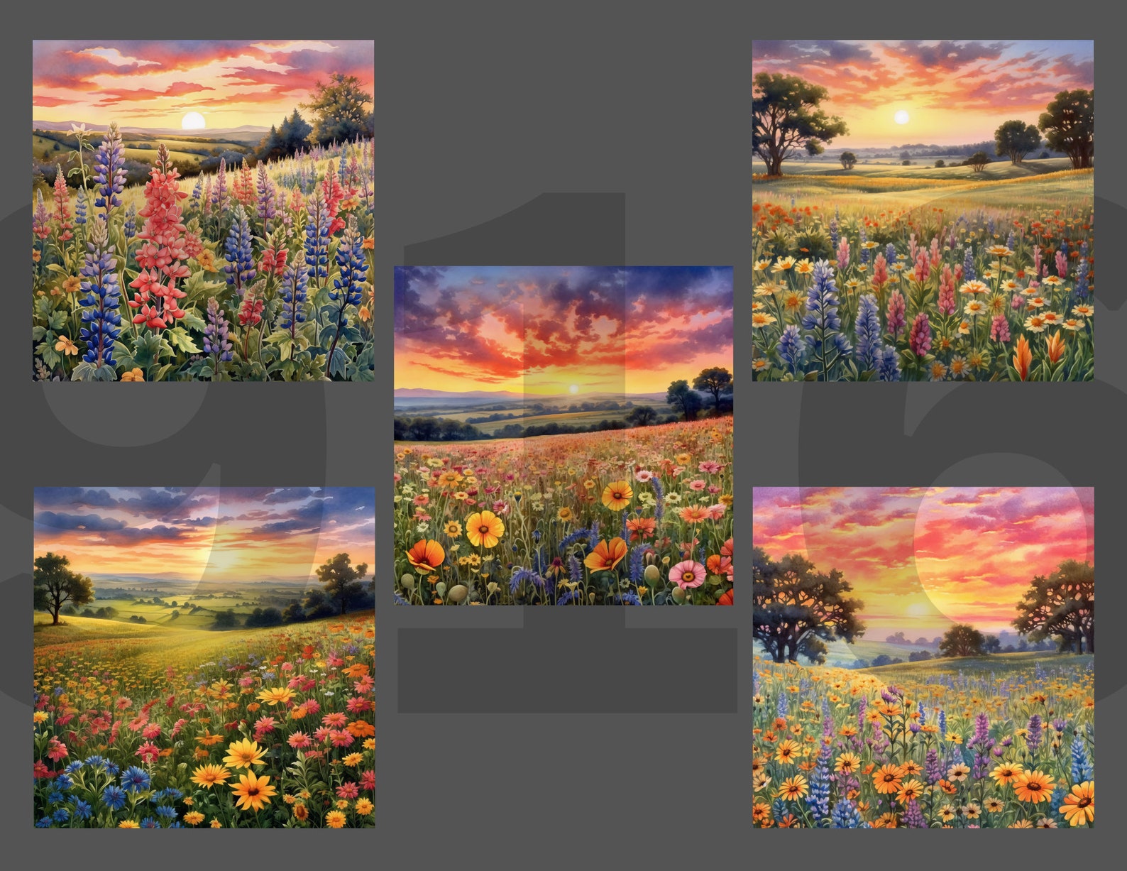 Wildflower Fields at Sunset Watercolor Digital Images, Wildflower ...