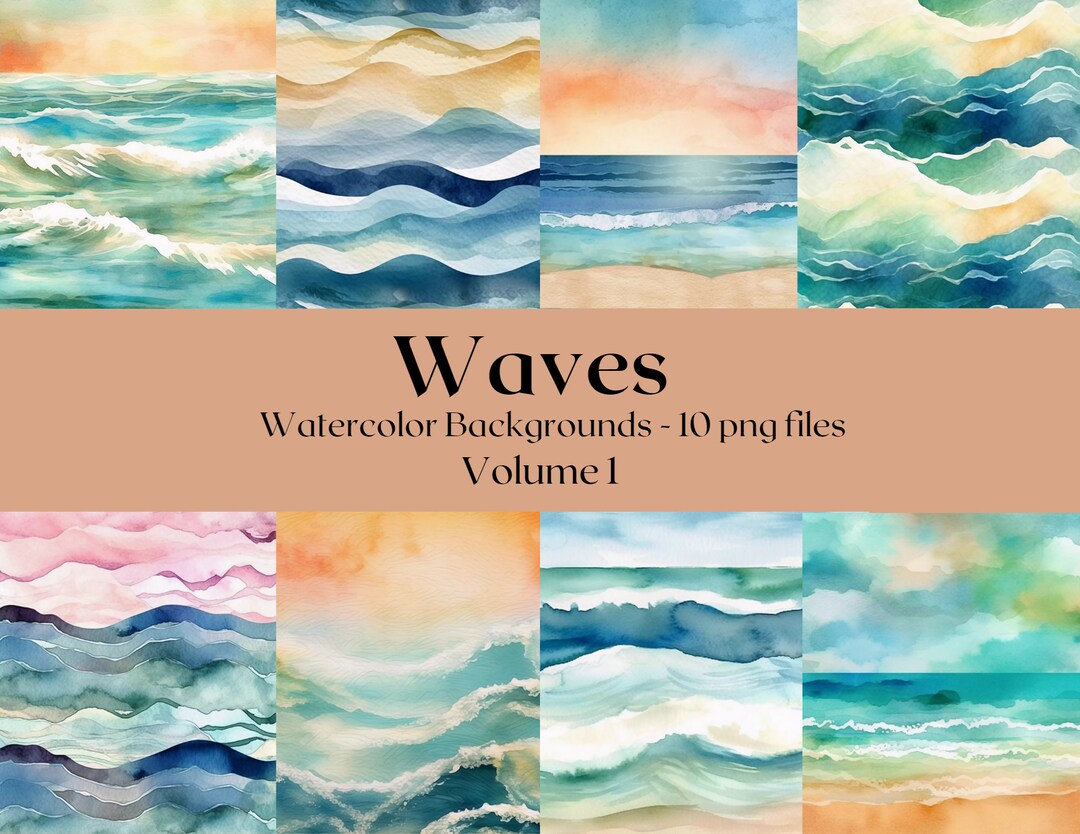 Waves Watercolor Backgrounds, Waves Digital Backgrounds, Ocean Waves ...