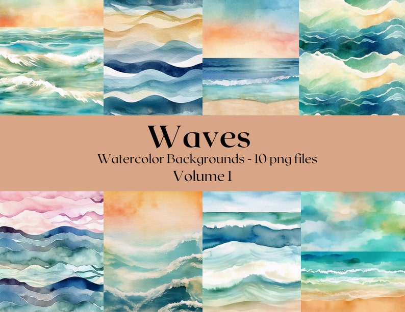 Waves Watercolor Backgrounds, Waves Digital Backgrounds, Ocean Waves ...
