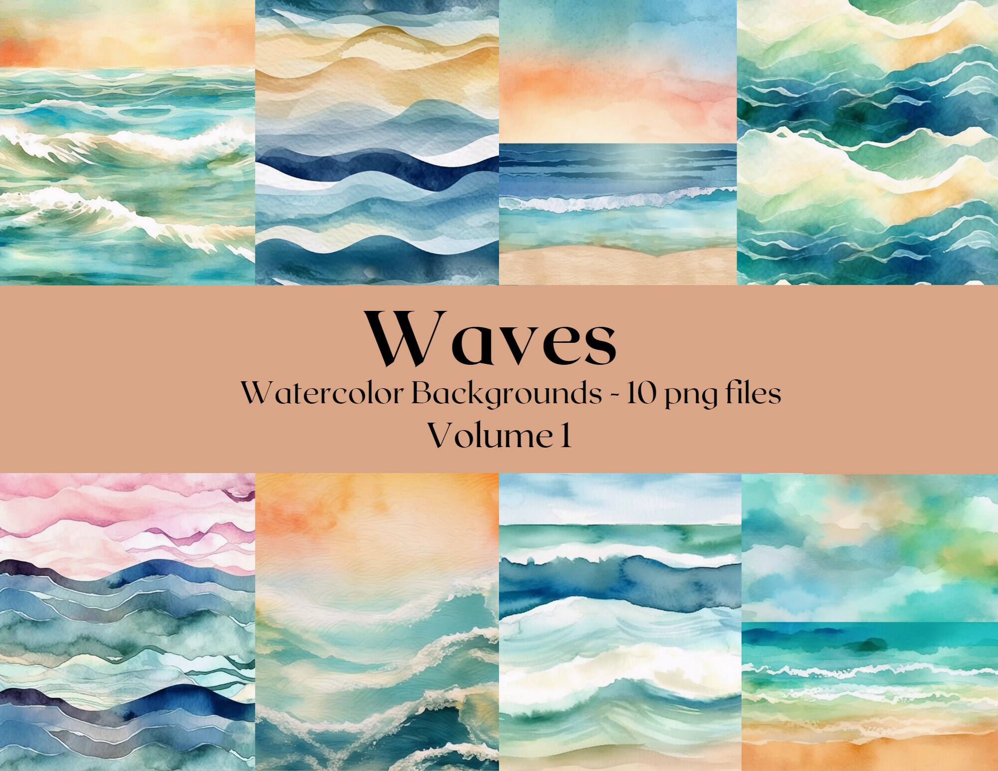 Waves Watercolor Backgrounds, Waves Digital Backgrounds, Ocean Waves ...