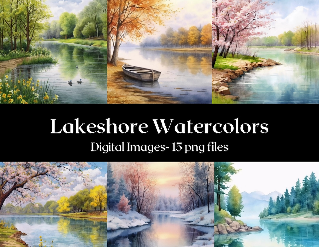 Lakeshore Watercolor Digital Art, Shore Pictures, Lake Clipart, Lake ...