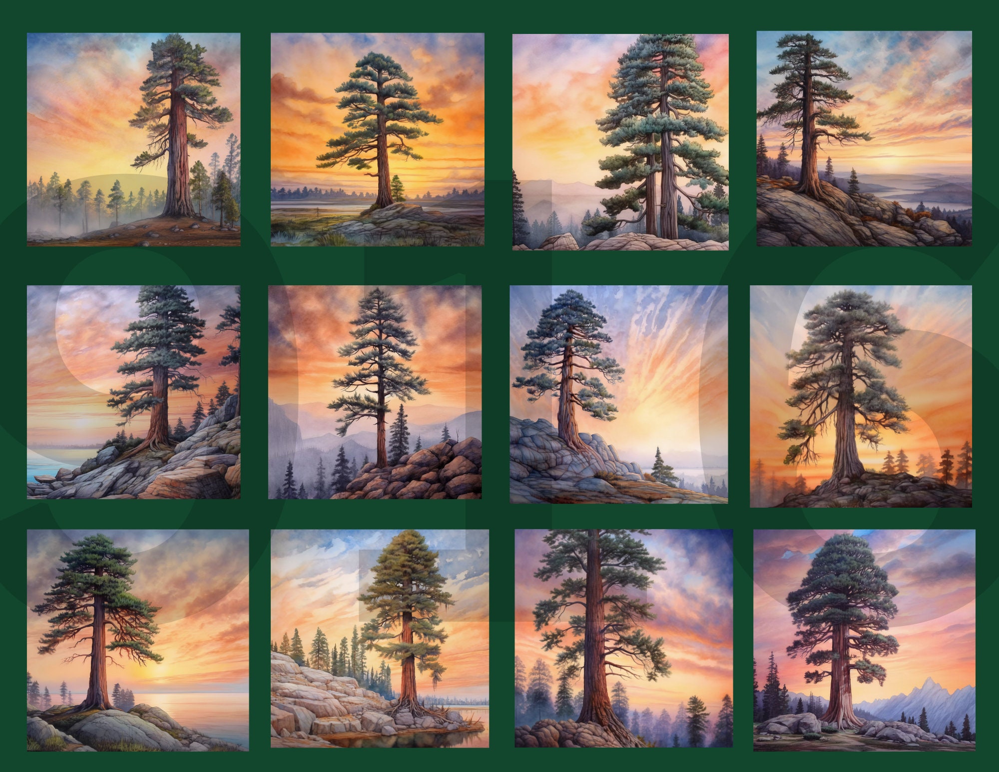 Redwood Trees at Sunset, Watercolor Digital Images, Redwoods Clipart ...