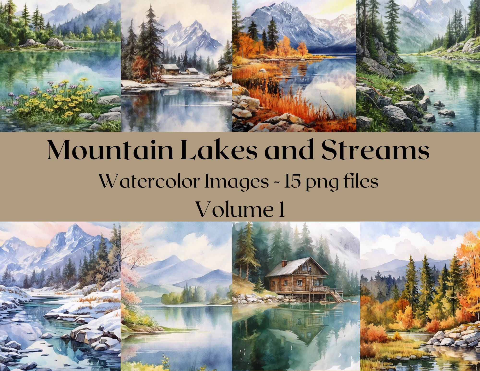 Mountain Lakes and Streams Watercolor, Watercolor Digital Art, Mountain ...