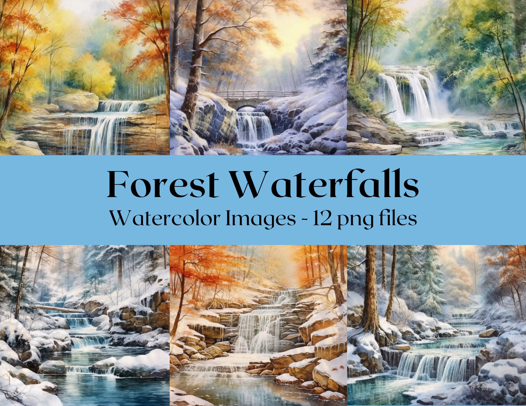 Waterfalls in the Forest, Watercolor Digital Art, Watercolor Waterfalls ...
