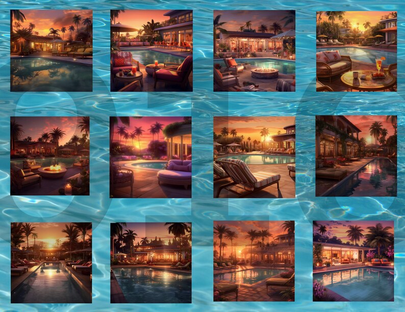 Poolside Sunsets Digital Art, Sunset Pool Pictures, Resort Clipart ...