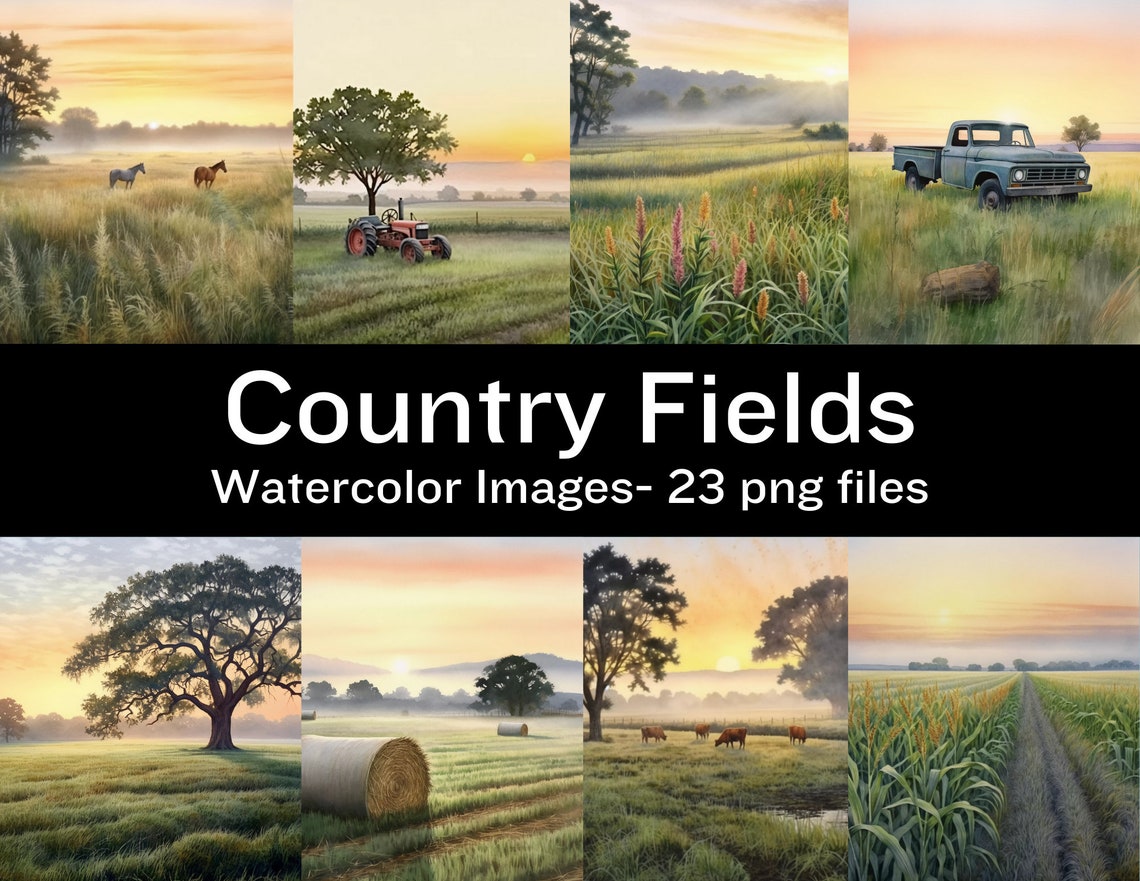 Country Fields Watercolor Digital Images, Farm Fields Clipart, Country ...