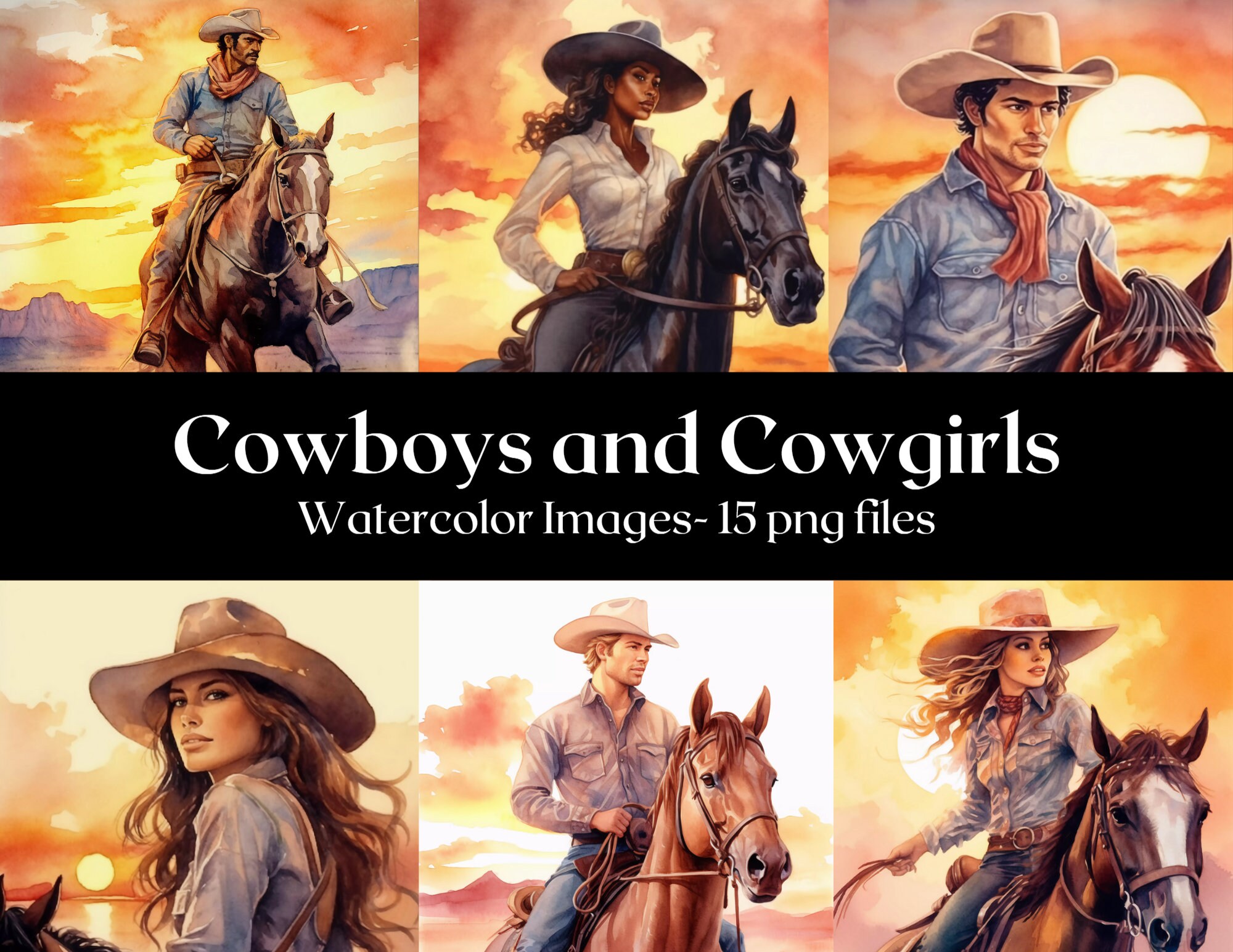 Cowboys and Cowgirls Watercolor Digital Art, Cowboy and Cowgirl ...