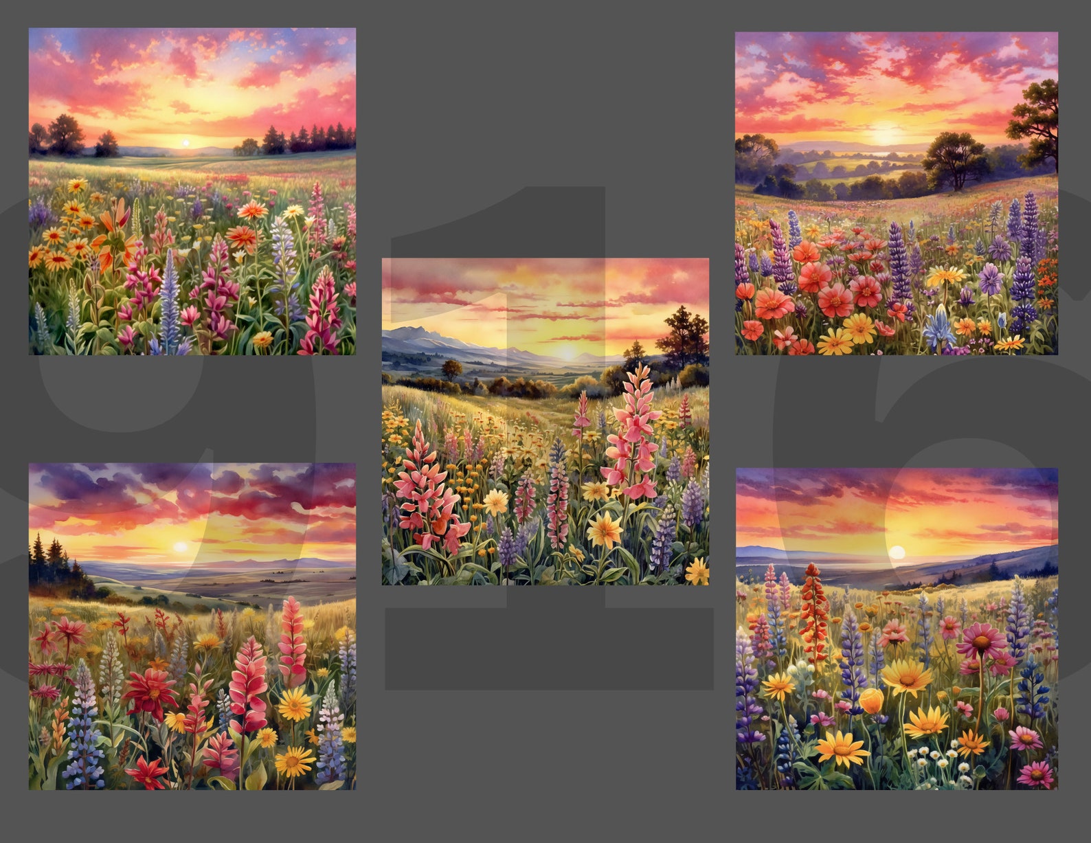Wildflower Fields at Sunset Watercolor Digital Images, Wildflower ...