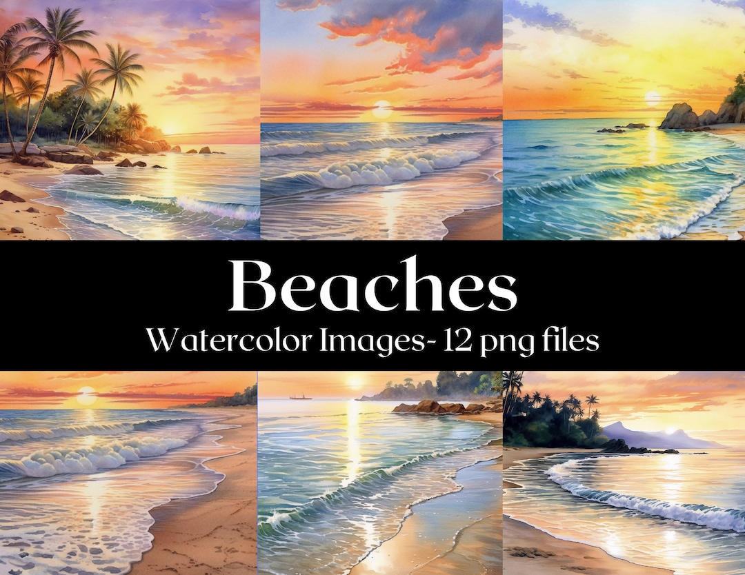 Beach Watercolor Digital Art, Sunset Beaches Pictures, Beach Clipart ...