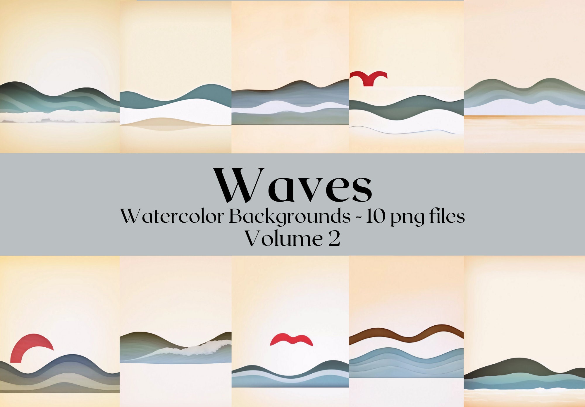 Waves Watercolor Backgrounds, Waves Digital Backgrounds, Ocean Waves ...