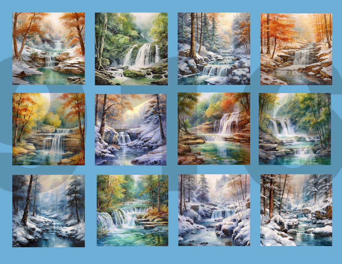 Waterfalls in the Forest, Watercolor Digital Art, Watercolor Waterfalls ...