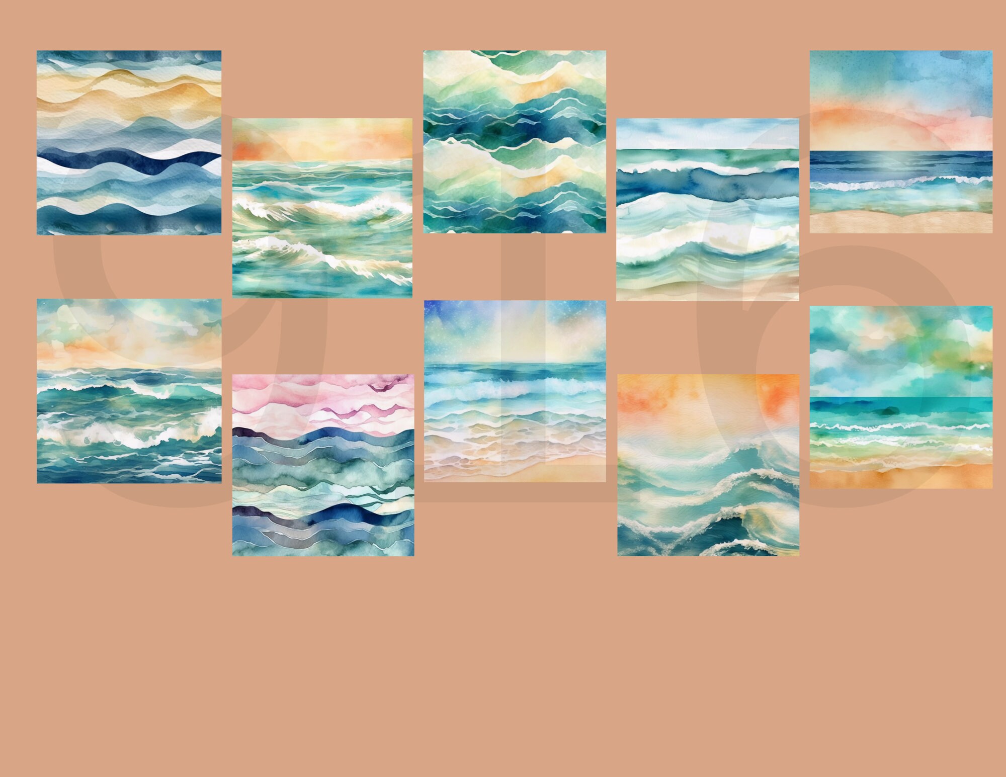 Waves Watercolor Backgrounds, Waves Digital Backgrounds, Ocean Waves ...