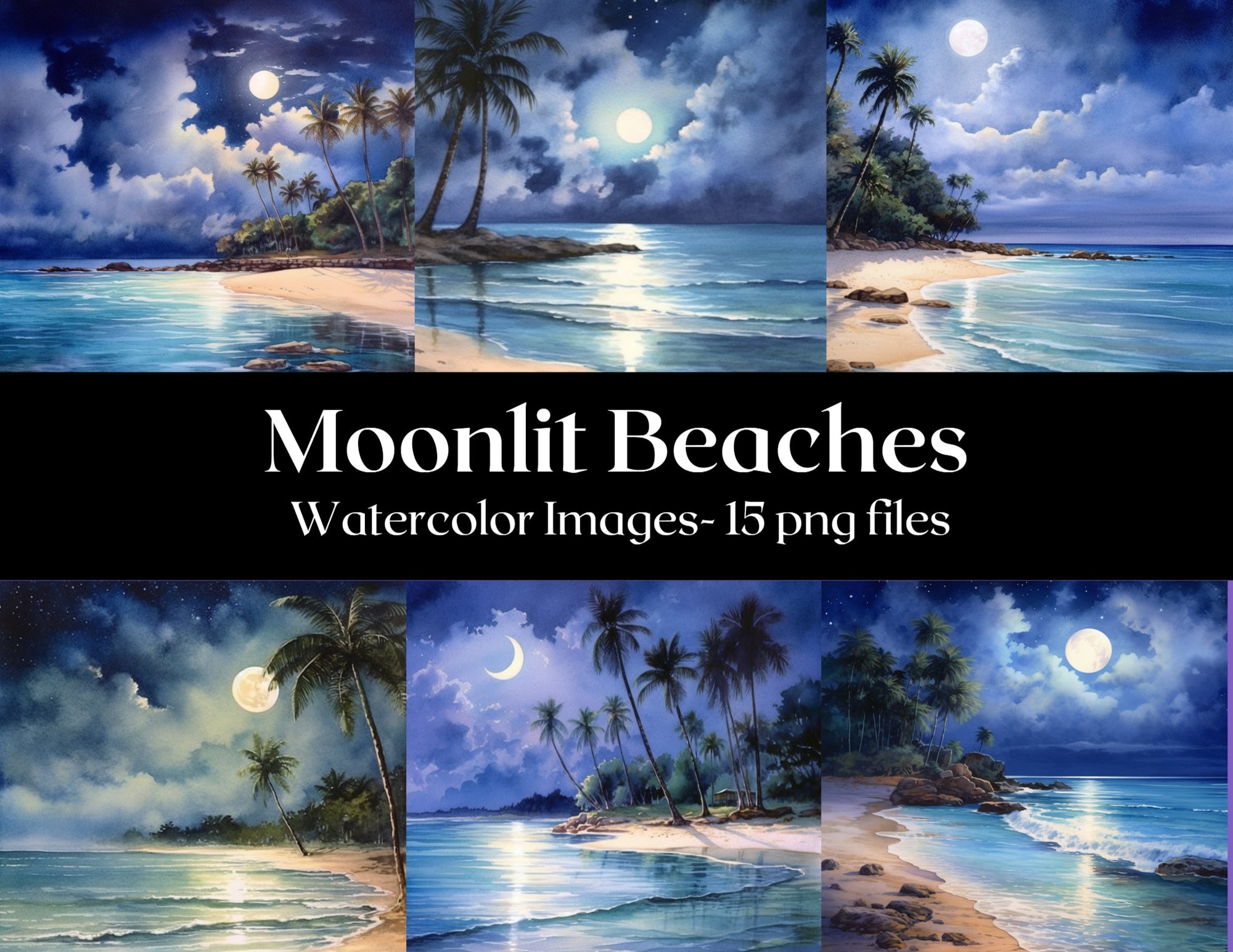 Moonlit Beaches Watercolor Digital Art, Moonlit Beach Pictures, Beach ...