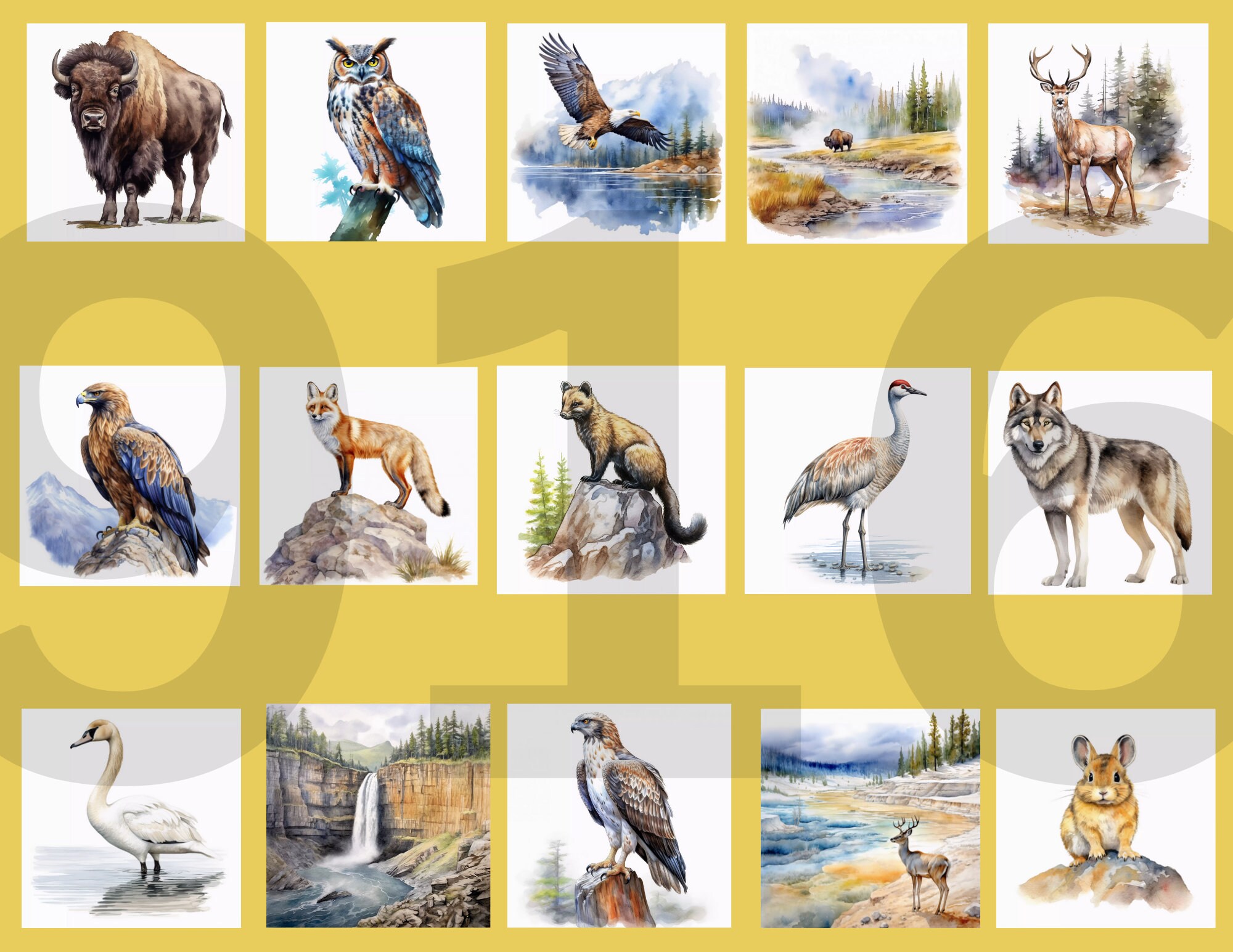 Yellowstone Wildlife Watercolor Digital Art, Wilderness Pictures ...