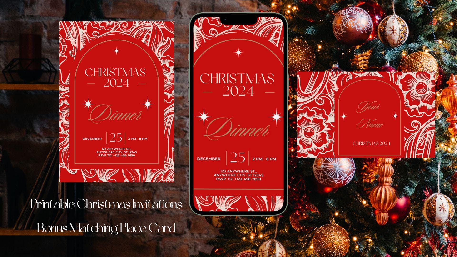 Elegant Red Christmas Invitation Customisable Party Invitation Holiday ...