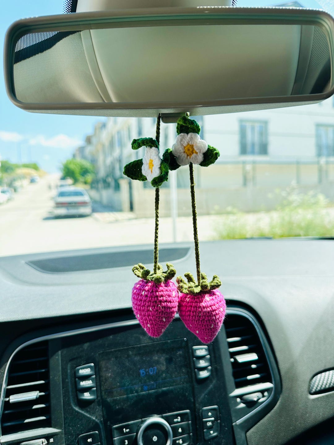 Pink Car Mirror Hanging, Pink Strawberry Car Accessories, Crochet Gift ...