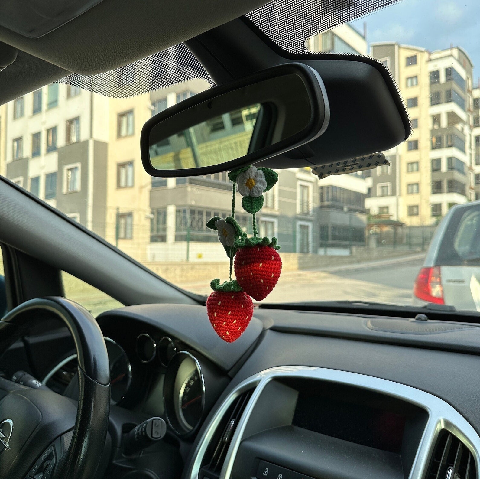 Pink Car Mirror Hanging, Pink Strawberry Car Accessories, Crochet Gift ...