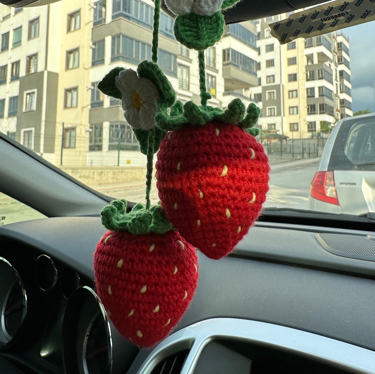 Pink Car Mirror Hanging, Pink Strawberry Car Accessories, Crochet Gift ...