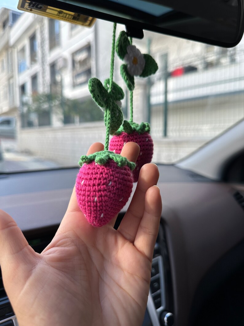 Pink Car Mirror Hanging, Pink Strawberry Car Accessories, Crochet Gift ...