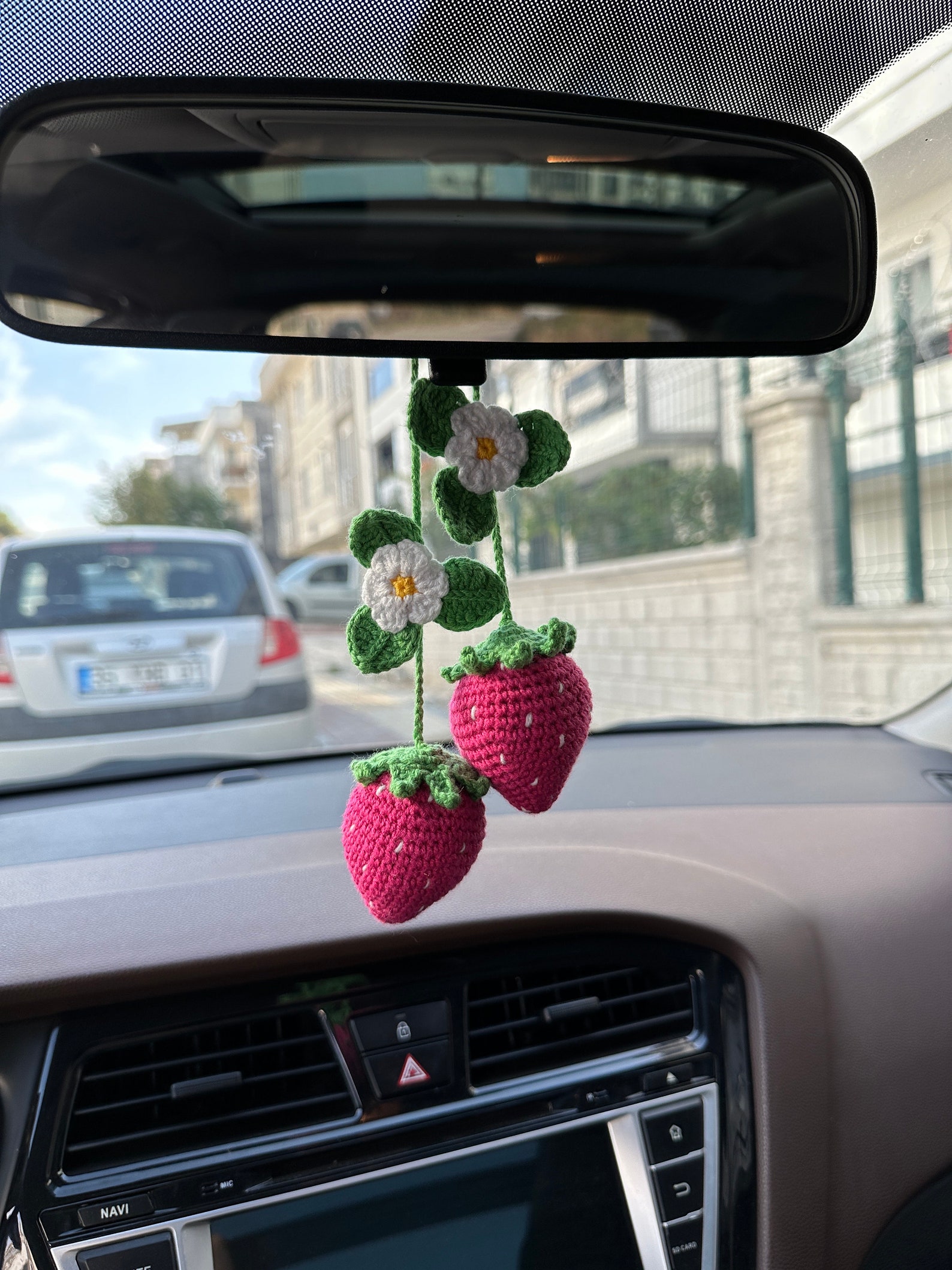 Pink Car Mirror Hanging, Pink Strawberry Car Accessories, Crochet Gift ...
