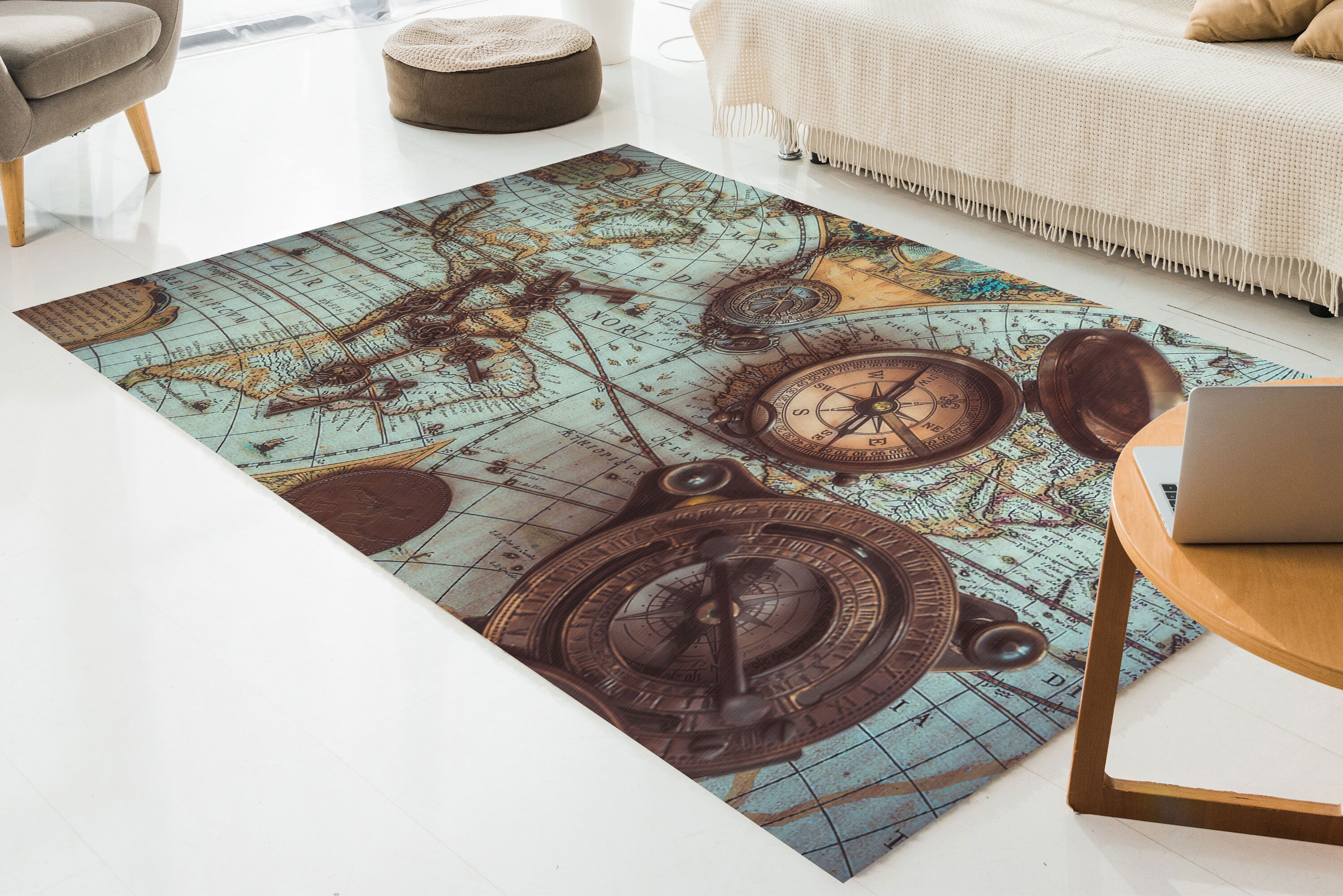 Antique World Map Rugs, Brass Pocket Compass Rugs, Vintage World Map ...