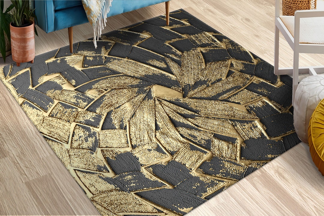 Black and Gold Painting Rugs, Gold Oil Painting Rug, Trendy Rug, Black ...